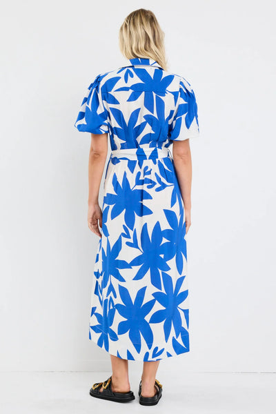 Dusk Bright Blue Abstract Puff Short Sleeve Maxi Shirt Dress – Vault ...